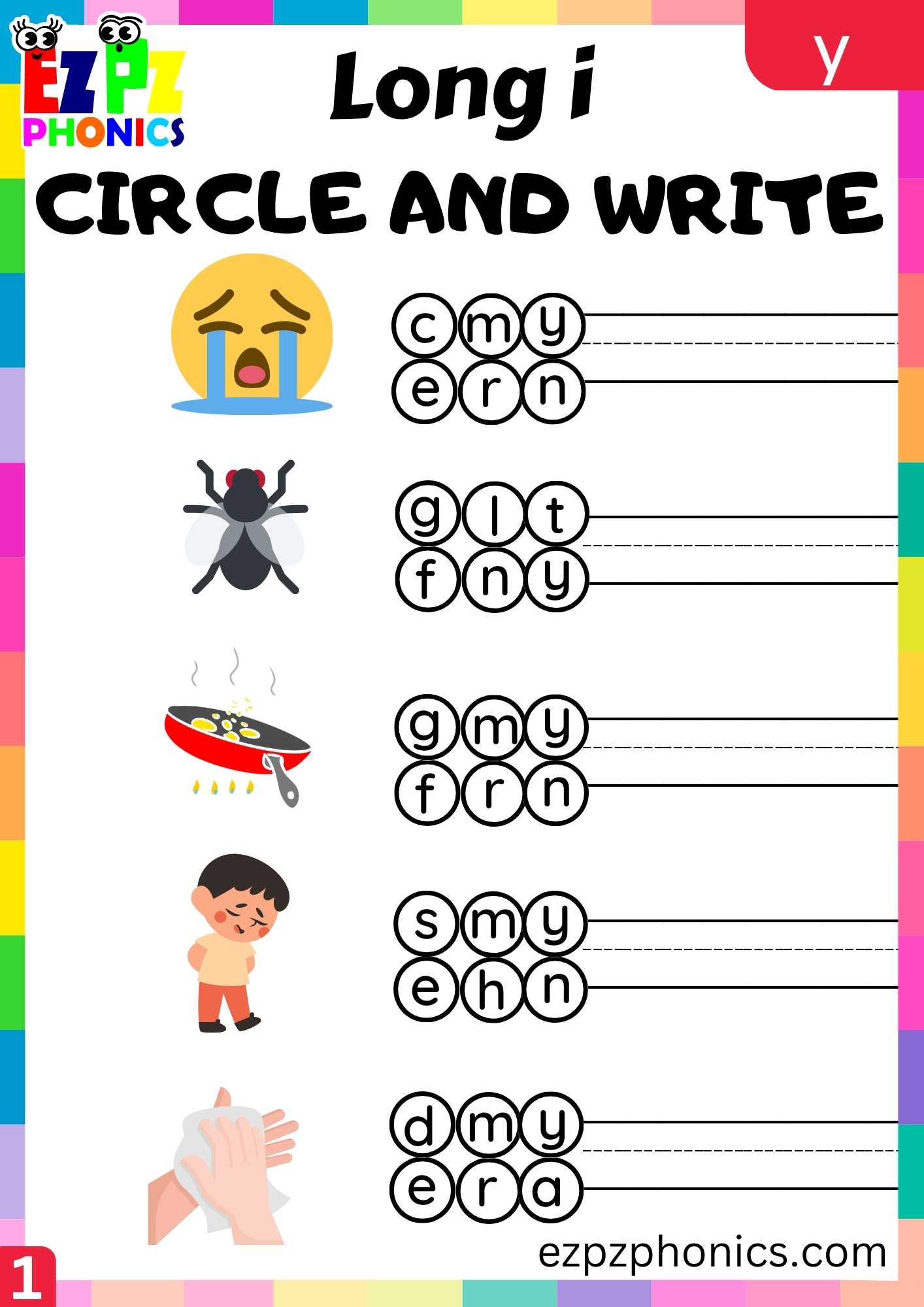 Y Words Circle And Write Long I Phonics Worksheet - ezpzphonics.com